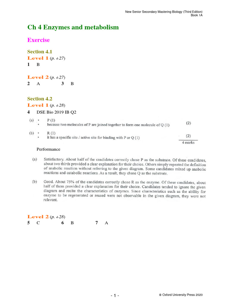 DSE BIO CH4 & Cross Topic ANS | PDF | Endoplasmic Reticulum | Enzyme