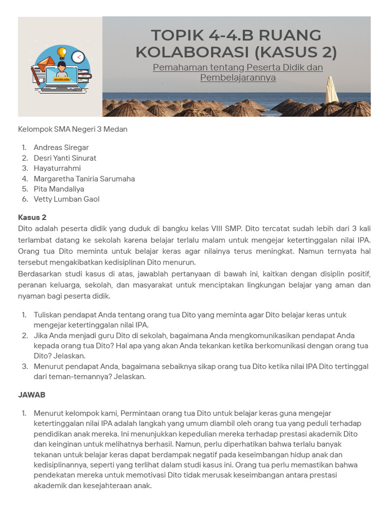 Topik 4.4.B Ruang Kolaborasi (Kasus 2) - Pemahaman Tentang Peserta Didik Dan Pembelajarannya | PDF