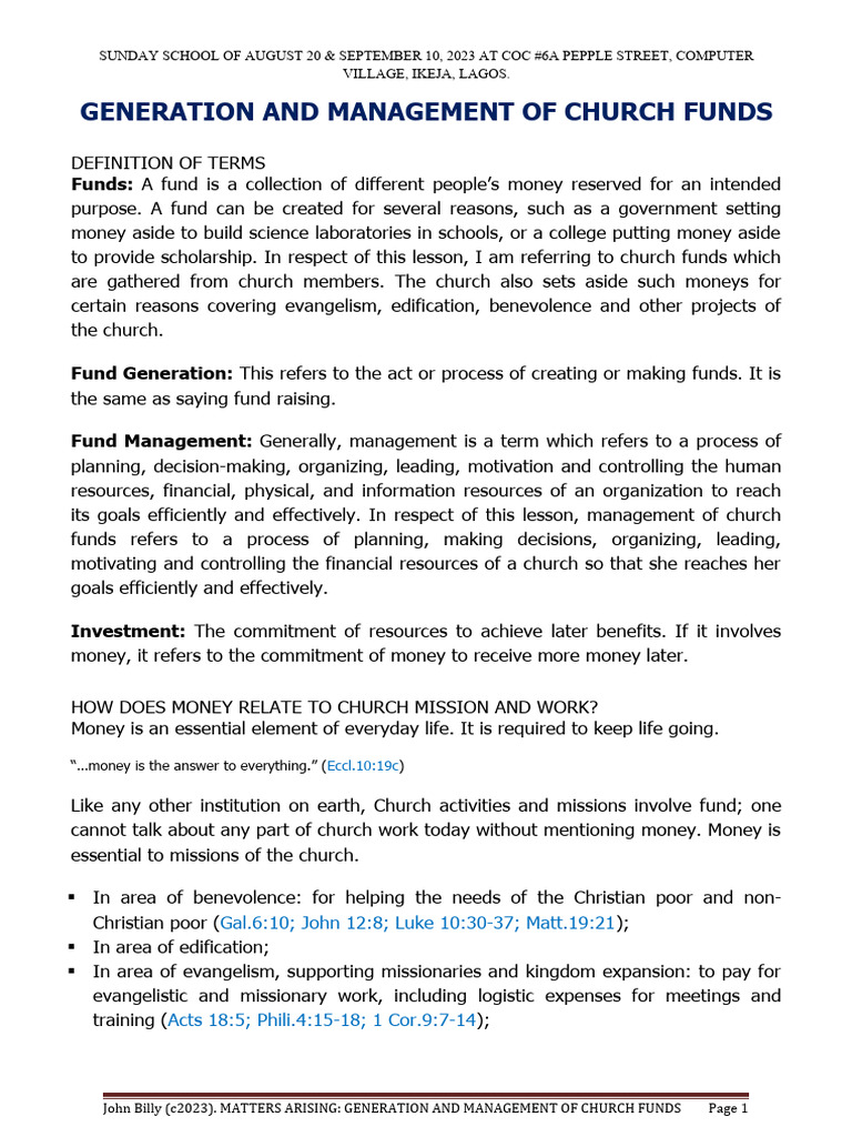 Generation & Management of Church Fund | PDF | Jesus | Banks