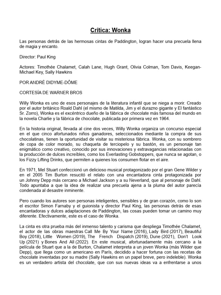 Reseña Wonka | PDF