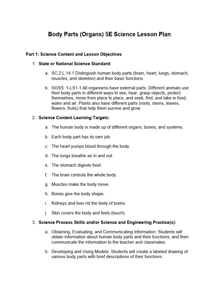Body Parts (Organs) 5E Science Lesson Plan | PDF | Human Body | Heart