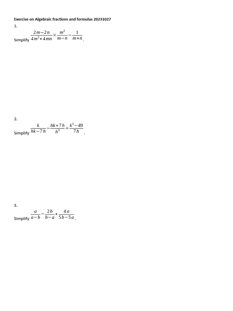 Exercise On Algebraic Fractions and Formulas 20231027 | PDF