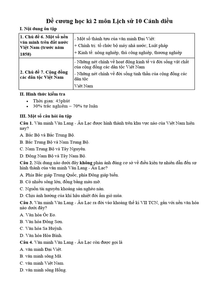 De Cuong On Tap Hoc Ki 2 Mon Lich Su 10 Canh Dieu | PDF