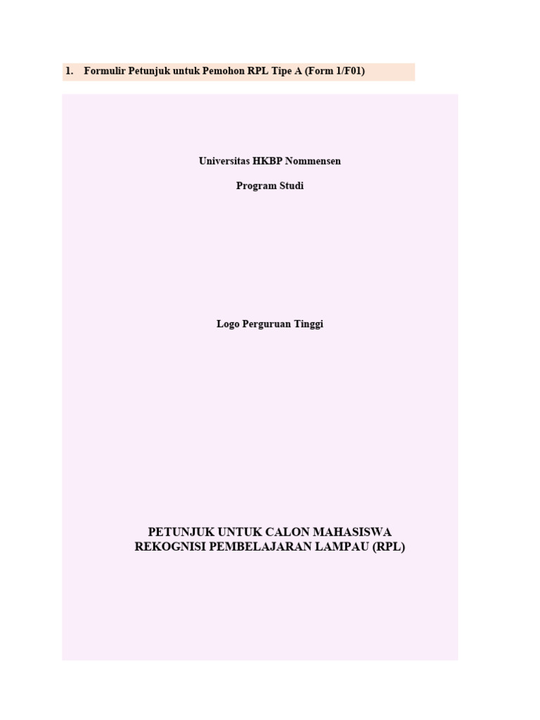 Contoh Formulir Petunjuk Untuk Pemohon RPL Tipe A (Form 1 F01) | PDF