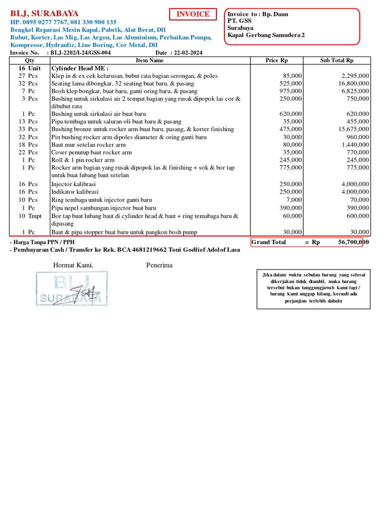Invoice 16 Cylinder Head ME | PDF