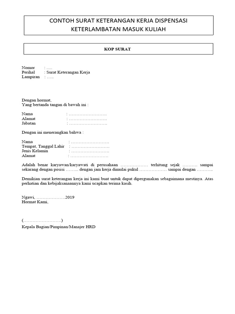 Contoh Surat Dispensasi Kerja | PDF