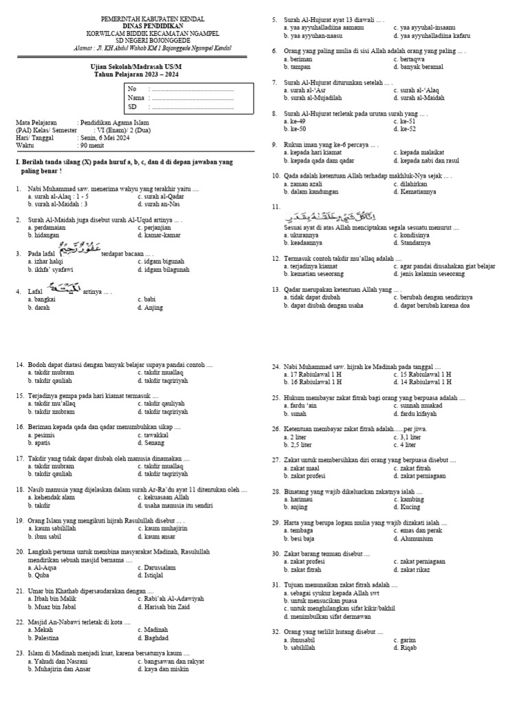 (123dok - Com) Soal Soal Latihan Us M Kelas 6 SD Mi Lengkap Format Word Doc Ukk Pai Kls 6 | PDF