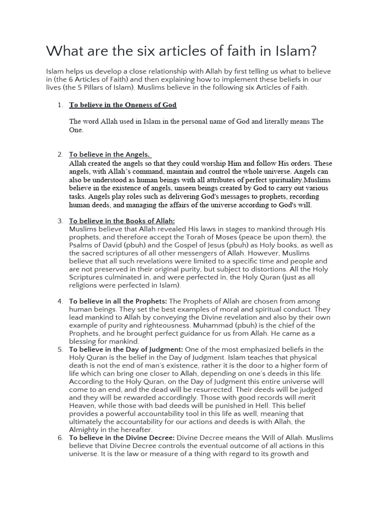 Islam - Six Articles of Faith | PDF | Prophets And Messengers In Islam | Angel
