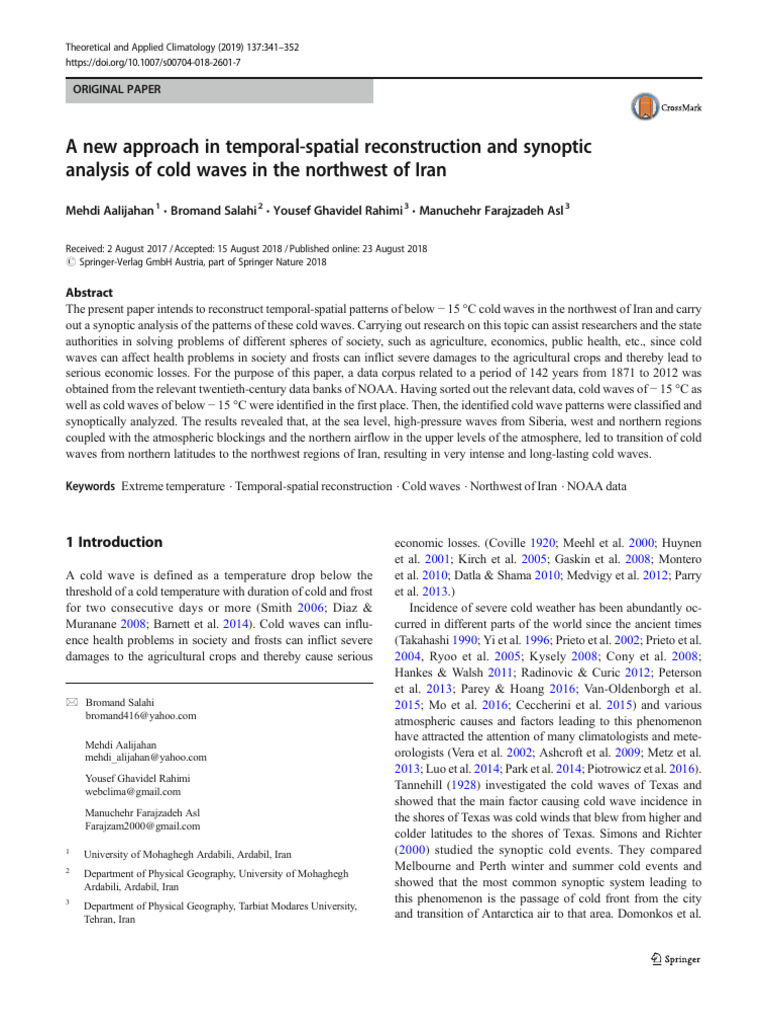 A New Approach In Temporal Spatial Reconstruction And Synoptic Analysis Of Cold Waves In The