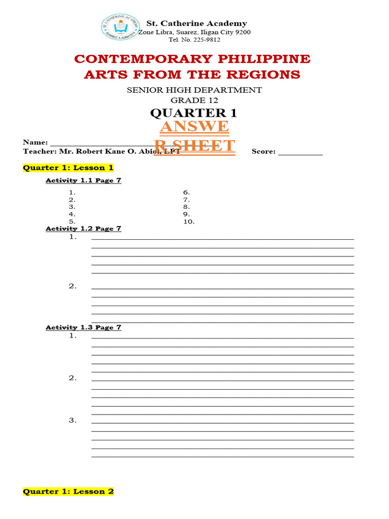 Robert Abiol-Grade 12 Contemporary Arts-Answer Sheets | Download Free ...