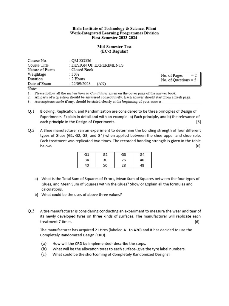 Mid-Semester Test: Design of Experiments | PDF | Experiment | Tire