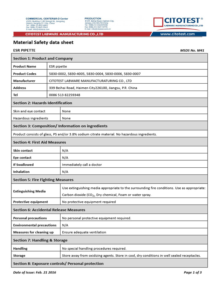 ESR Pipette MSDS | Download Free PDF | Materials | Safety