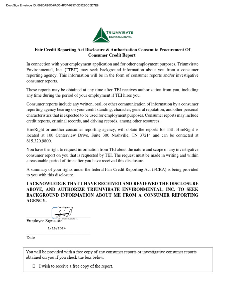 Triumvirate Environmental - Authorization Forms | PDF | Credit History ...