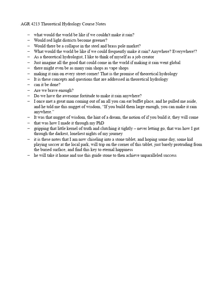 AGR4213 Theoretical Hydrology Course Notes | PDF