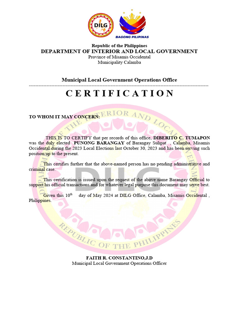 Certification of Barangay Official 2023 | PDF