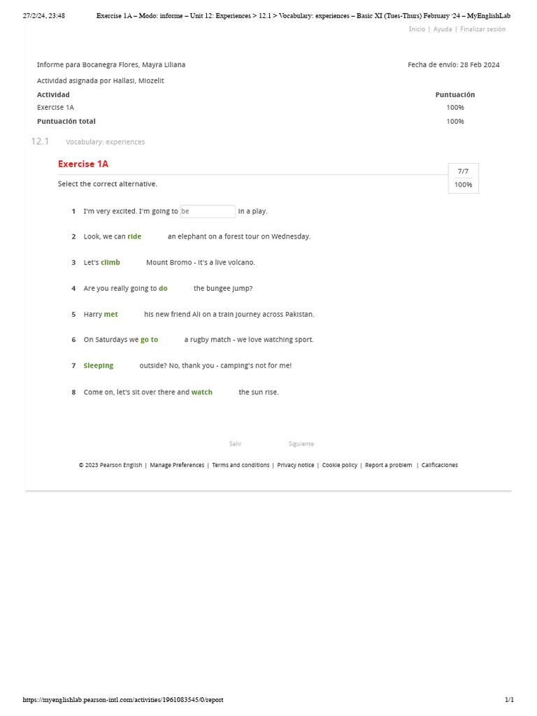 Exercise 1A – Modo_ informe – Unit 12_ Experiences _ 12.1 _ Vocabulary_ experiences – Basic XI ...