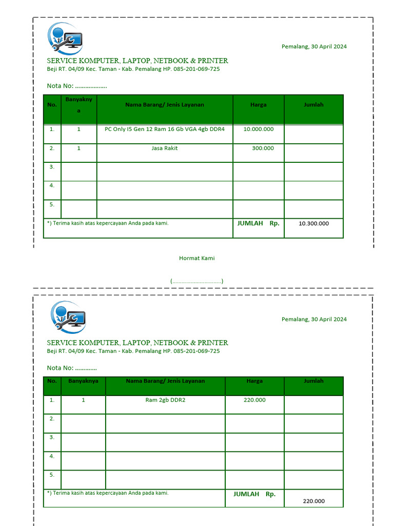 Template Nota DAYAT KOMPUTER | PDF
