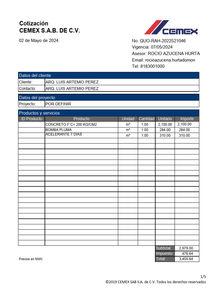 Cotizacion Cemex | PDF | Hormigón | Tarjeta de crédito