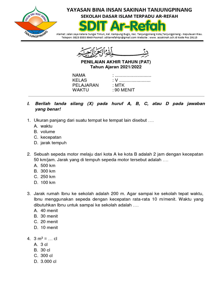 Soal PAT 2 MTK V-2 | PDF