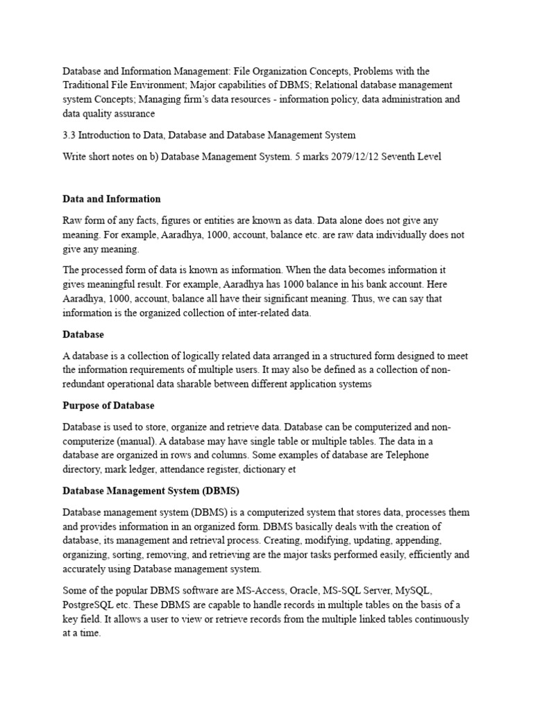 3.3 Introduction To Data, Database and Database Management System | PDF ... 3.3 Introduction To Data, Database and Database Management System | PDF ...