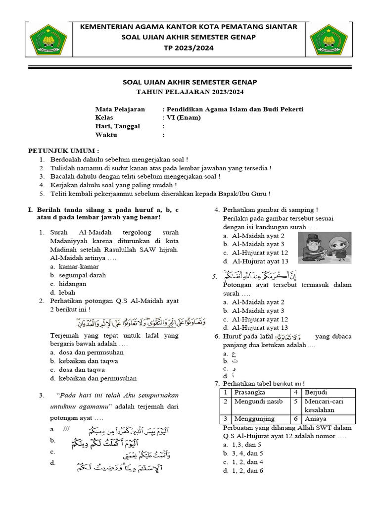 Soal PTS 2 Mapel PAI Kelas 6 | PDF