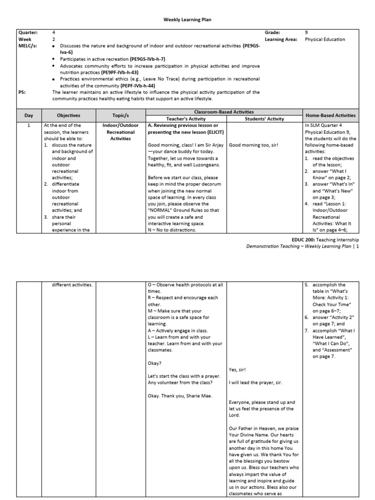 WLP PE9-Q4 - M1-Indoor and Outdoor Recreational Activities | PDF ...