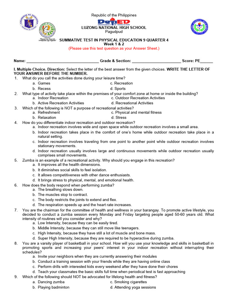 PE9-Q4-M1-Summative Assessment | PDF | Recreation | Outdoor Recreation