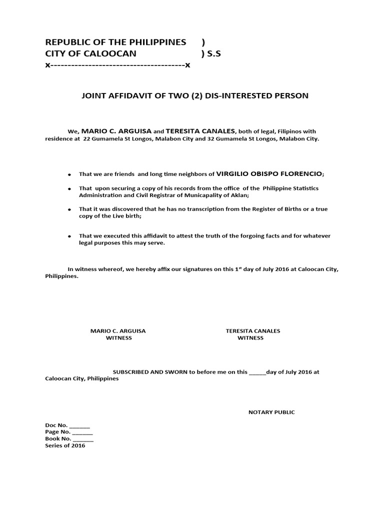 Affidavit Two Dis-Interested Person | PDF