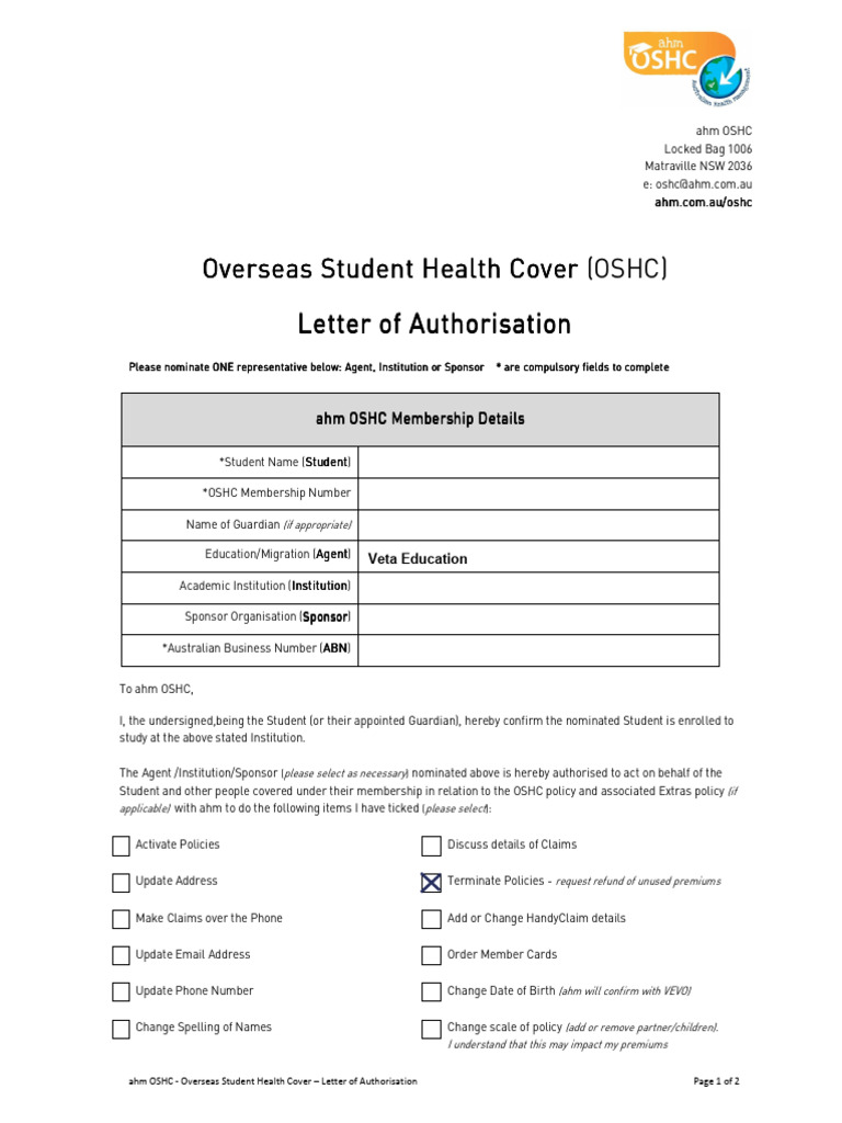 Agent Ahm OSHC Authorisation Form To FILL | PDF