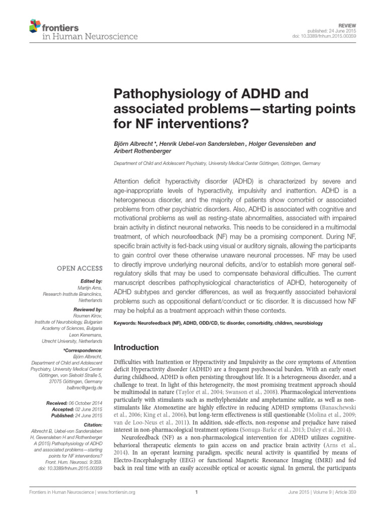 Pathophysiology of ADHD and Associated Problems - Starting Points for NF Interventions | PDF ...