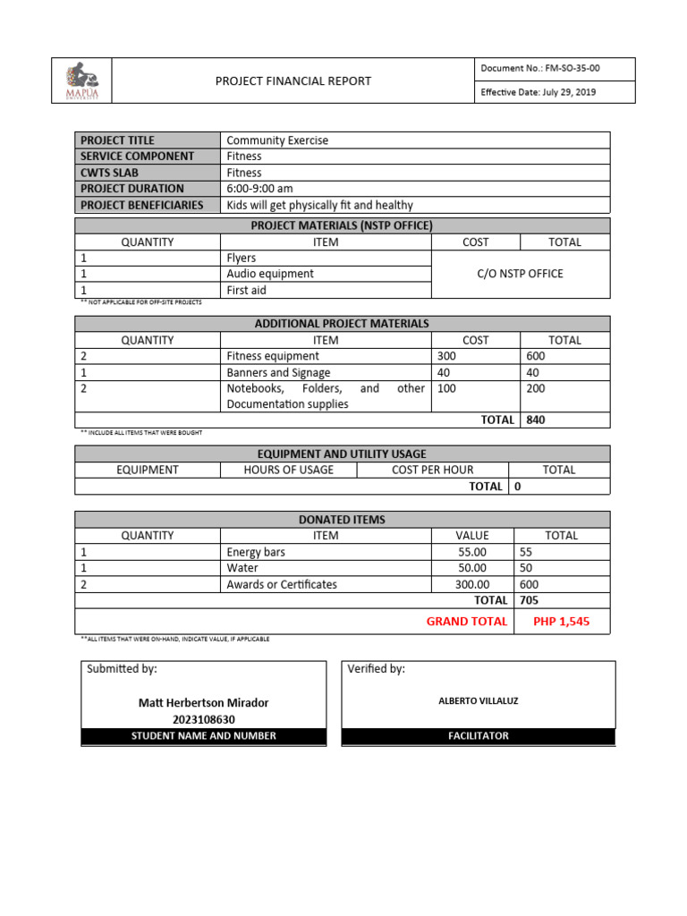 Project Financial Report - Mirador | PDF