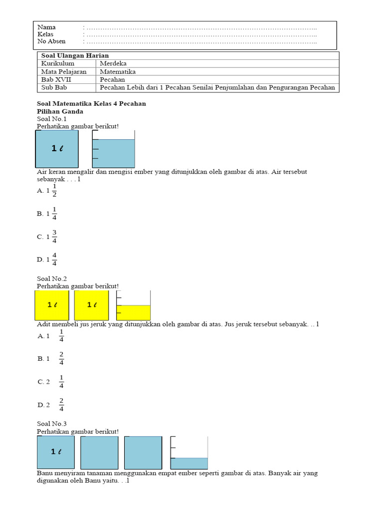 Soal Matematika Kelas 4 Unit 17 Pecahan Kurikulum Merdeka | PDF