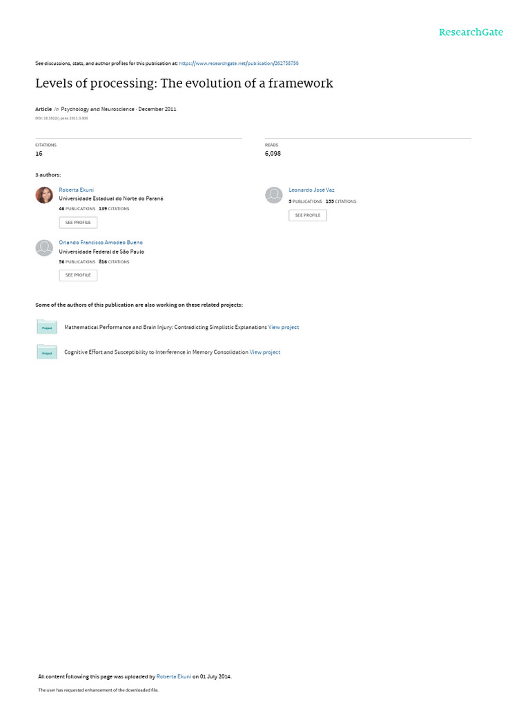 Levels of Processing The Evolution of A Framework | PDF | Recall (Memory) | Memory