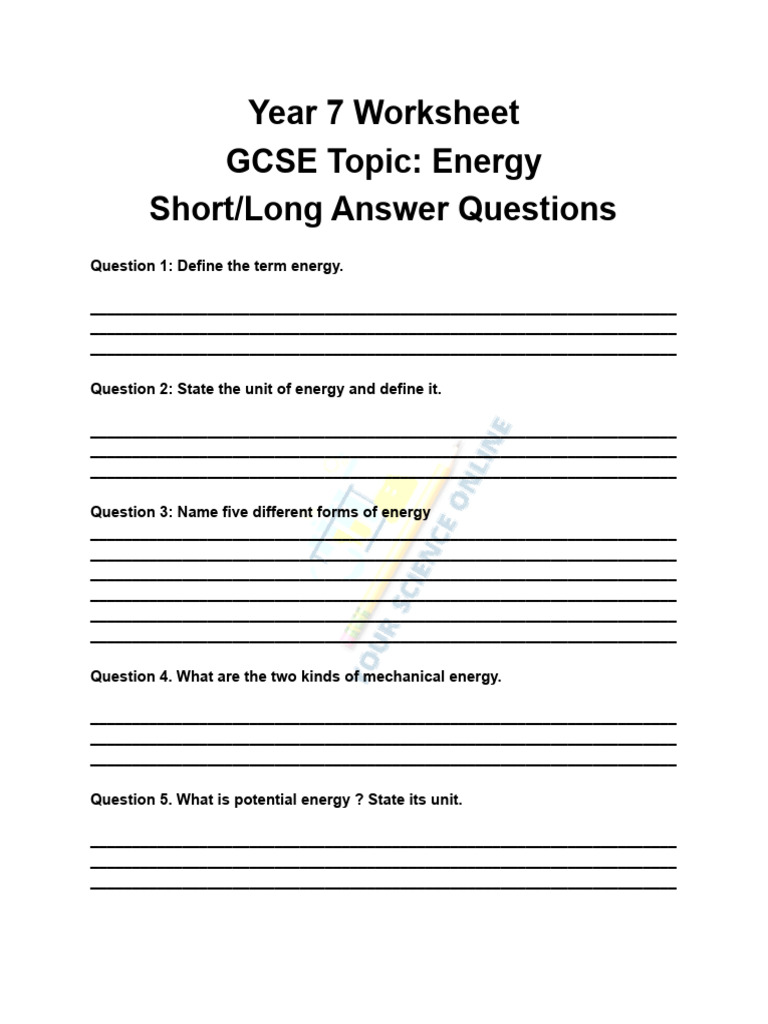 Year 7 Worksheet - GCSE - Energy | Download Free PDF | Potential Energy ...