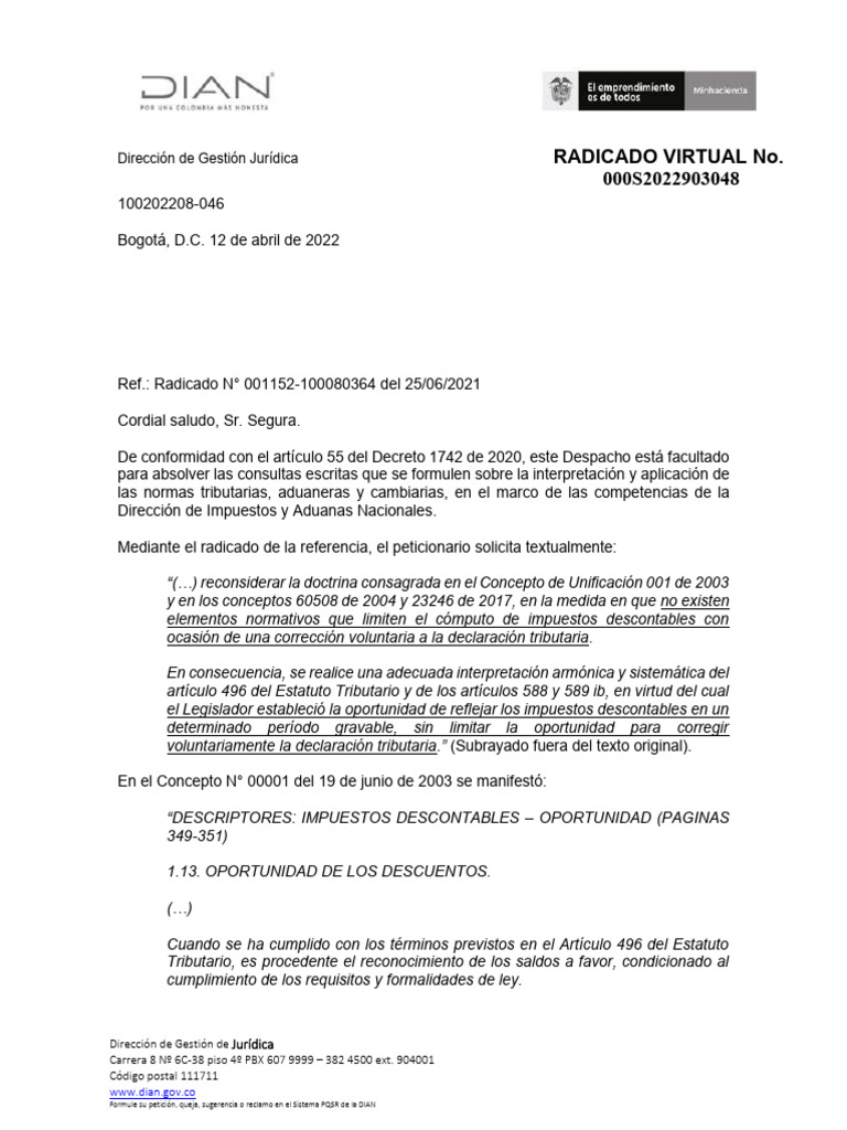 Oficio 100202208-046 - 903048 (Corrección Declaraciones Impuestos Descontables) | PDF ...