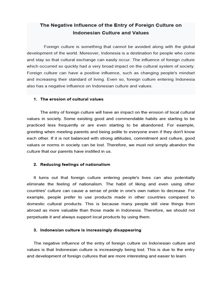 The Negative Influence of The Entry of Foreign Culture On Indonesian Culture and Values | PDF ...