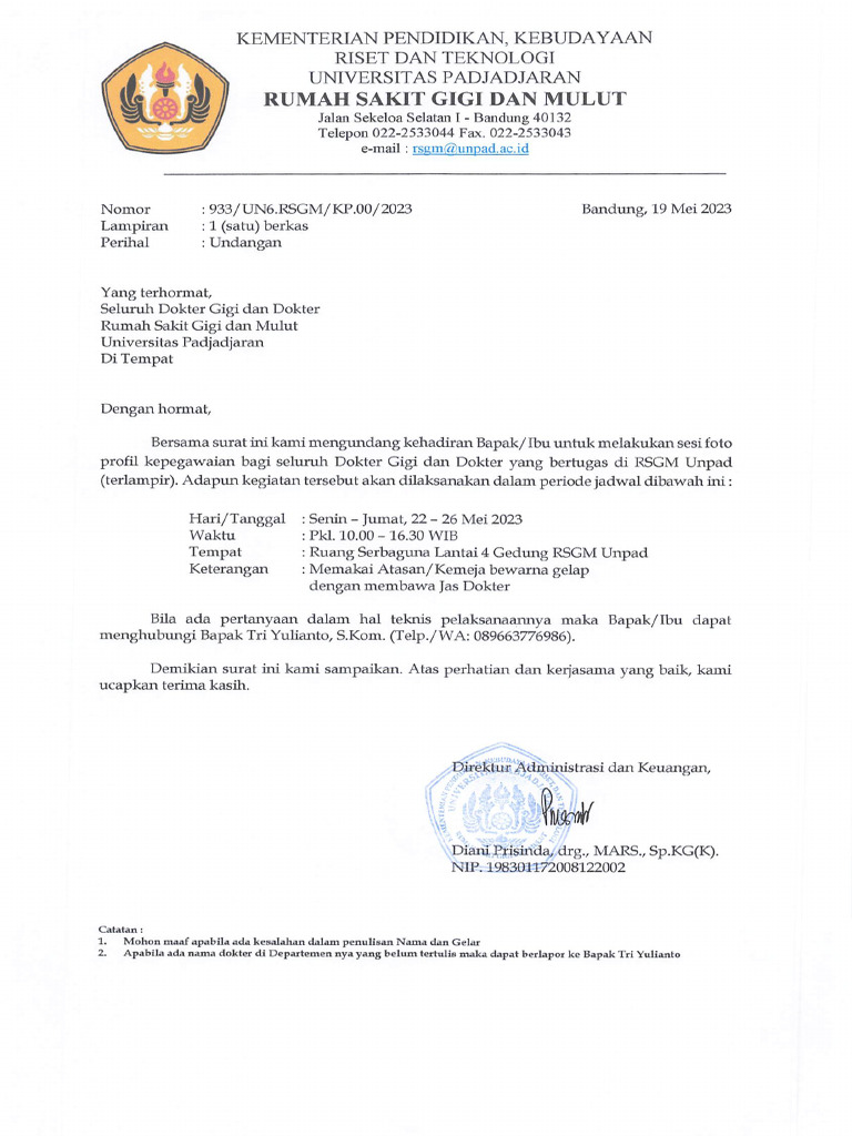Surat Undangan Foto Profil Kepegawaian Dokter RSGM Unpad | PDF Surat Undangan Foto Profil Kepegawaian Dokter RSGM Unpad | PDF
