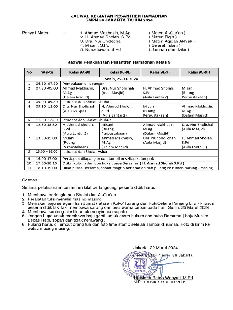 Jadwal Pesantren Ramadhan Kelas 7-8-9 2024-1 | PDF