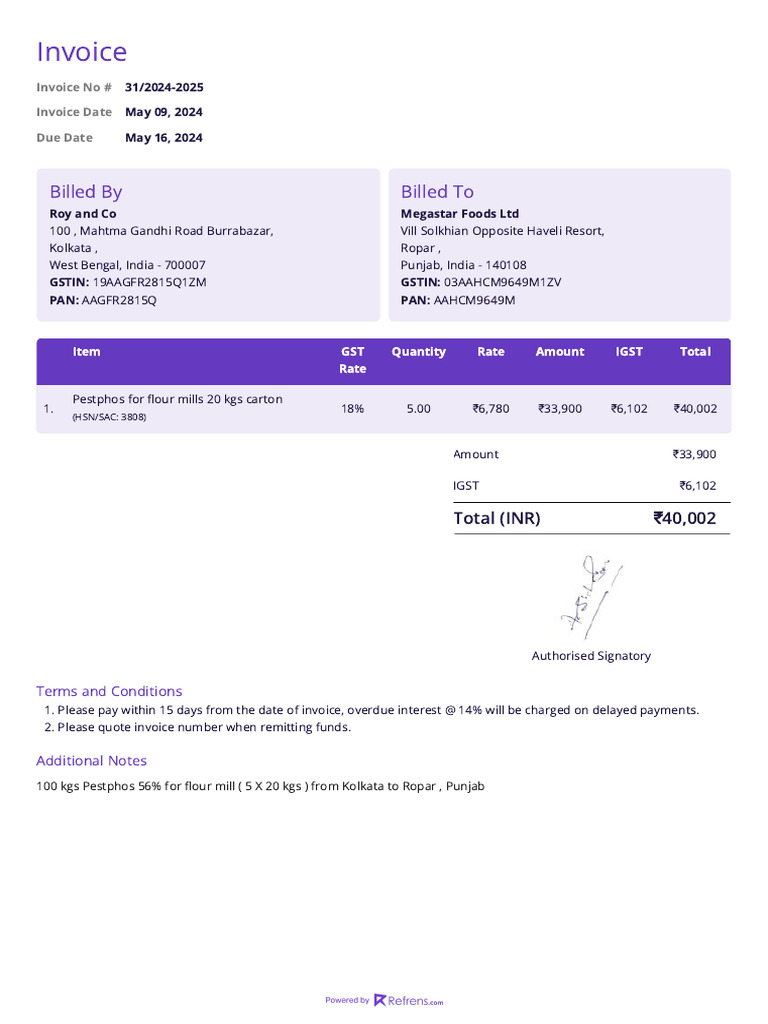Invoice 312024 2025 Roy and Co Megastar Foods LTD | PDF
