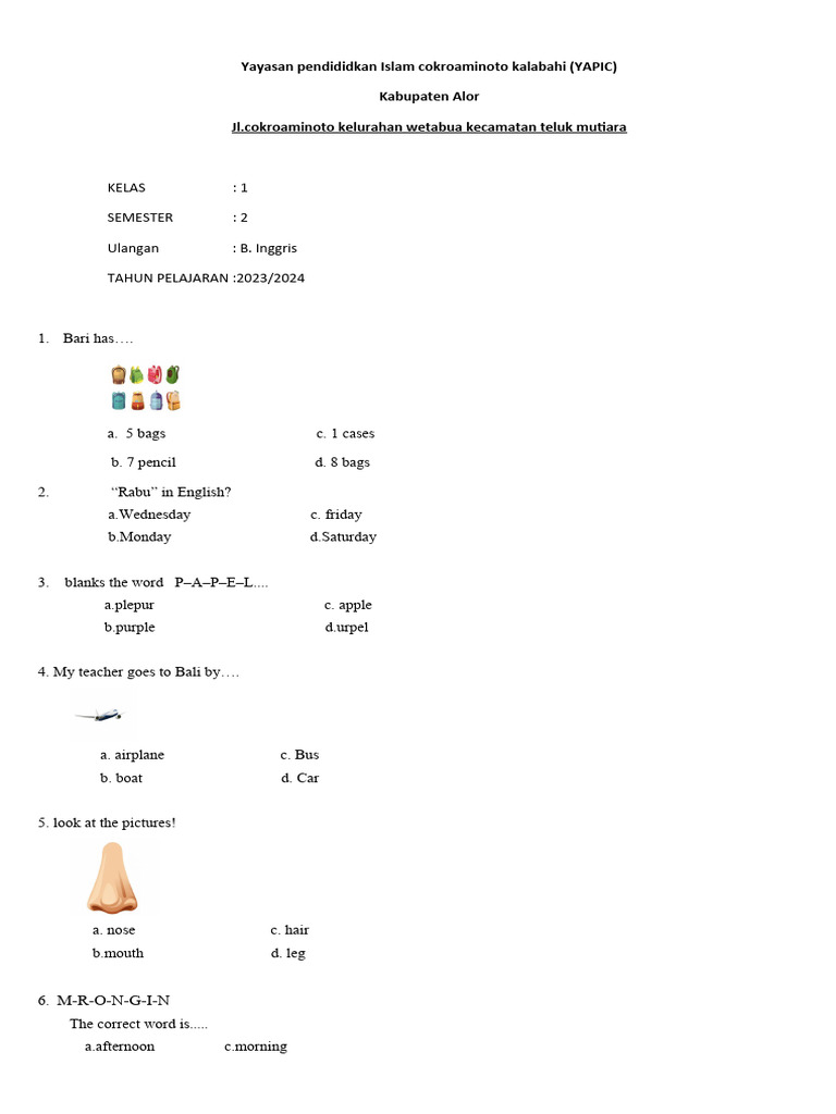 Uts Class 1 Soal Inggris | PDF