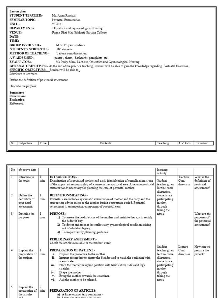 Postnatal Examination Lesson Plan | PDF | Postpartum Period | Obstetrics