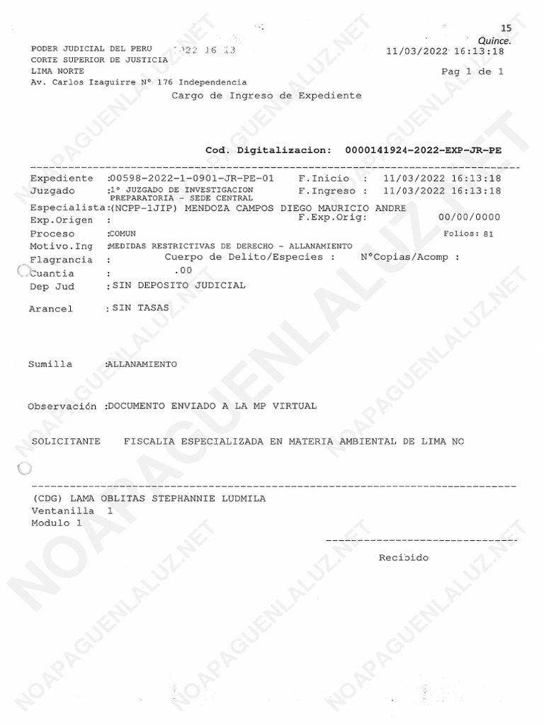 Exp. N.° 00598-2022-1-0901-JR-PE-01 11 MAR 2022. REQUERIMIENTO DE ...