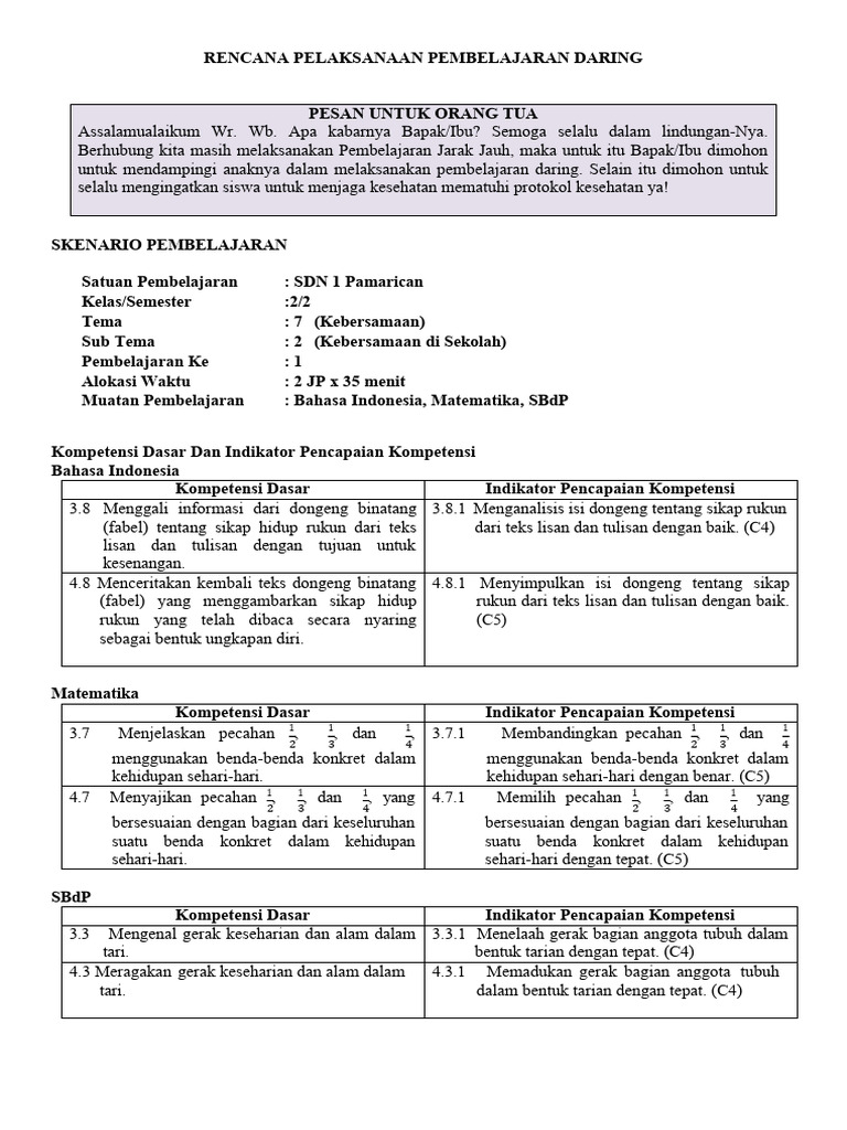 RPP Kelas 2 Tema 7 Subtema 2 pb1 | PDF