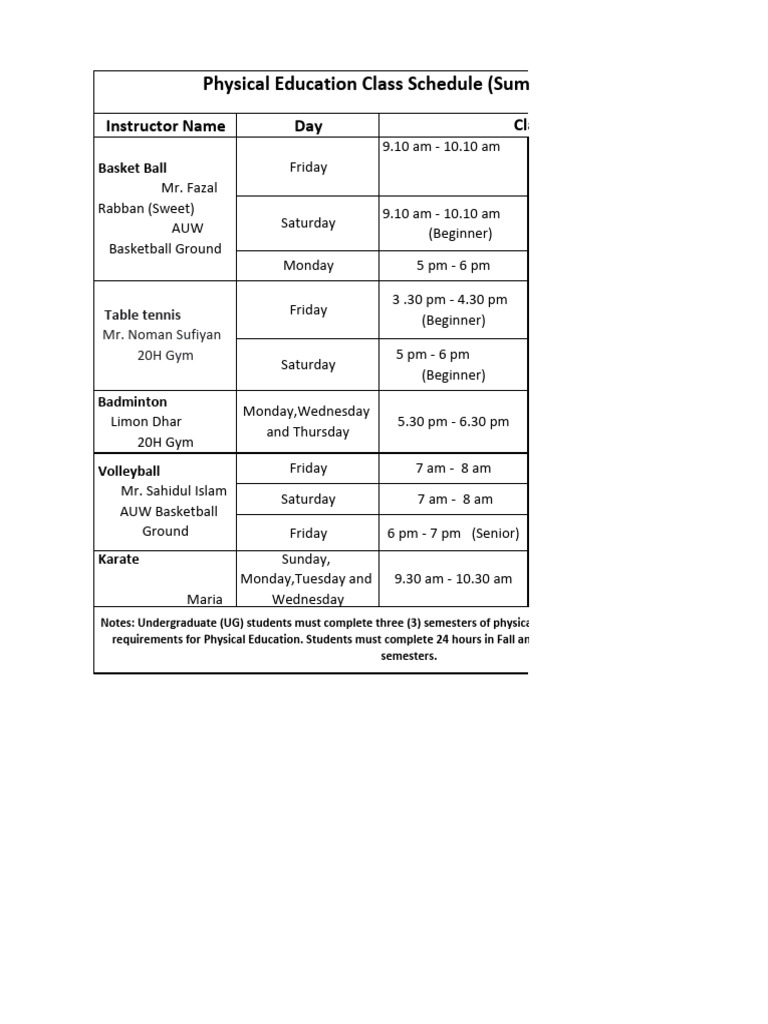 Summer 2024 Physical Education Schedule | PDF
