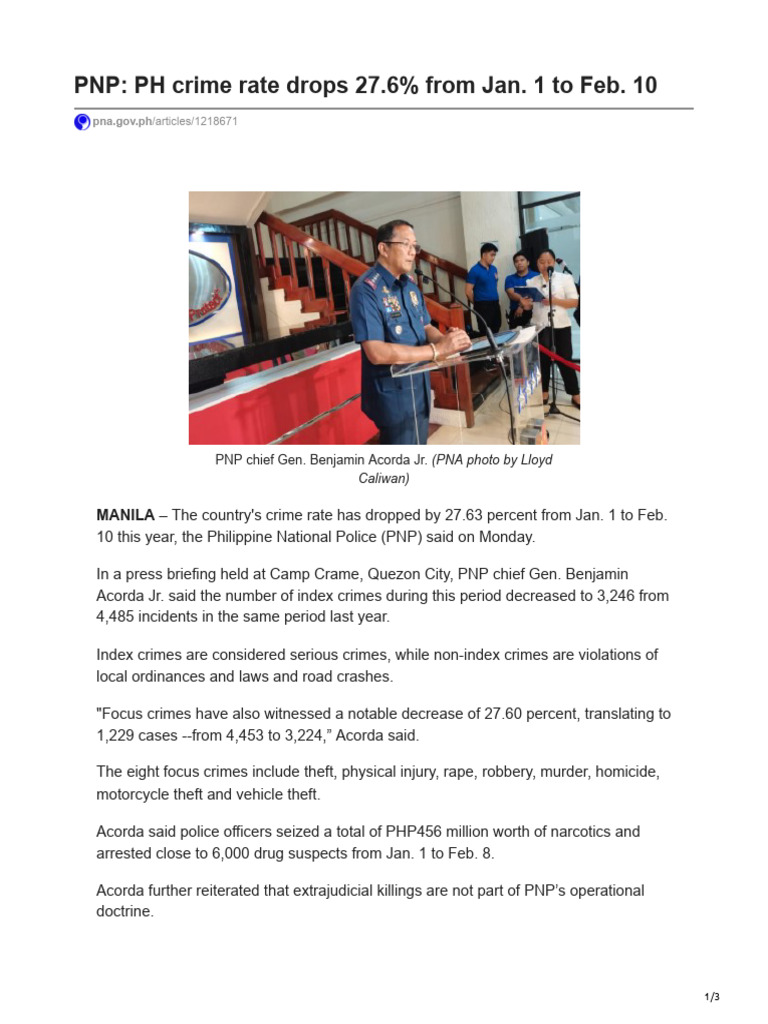 Pna - gov.ph-PNP PH Crime Rate Drops 276 From Jan 1 To Feb 10 | PDF ...