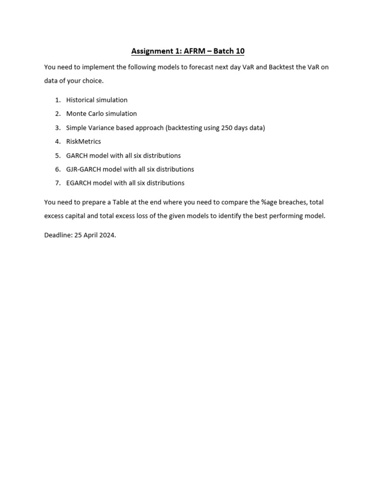 VaR Forecasting Models Assignment Guide | PDF