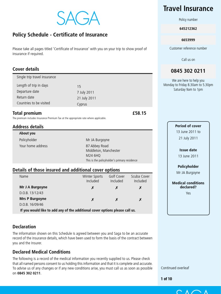 Policy Schedule - Certificate of Insurance: Cover Details | PDF ...