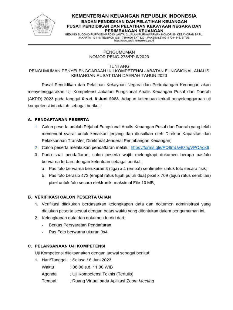 PENG-278 Pengumuman Penyelenggaraan Uji Kompetensi Jabatan Fungsional Analis Keuangan Pusat Dan ...