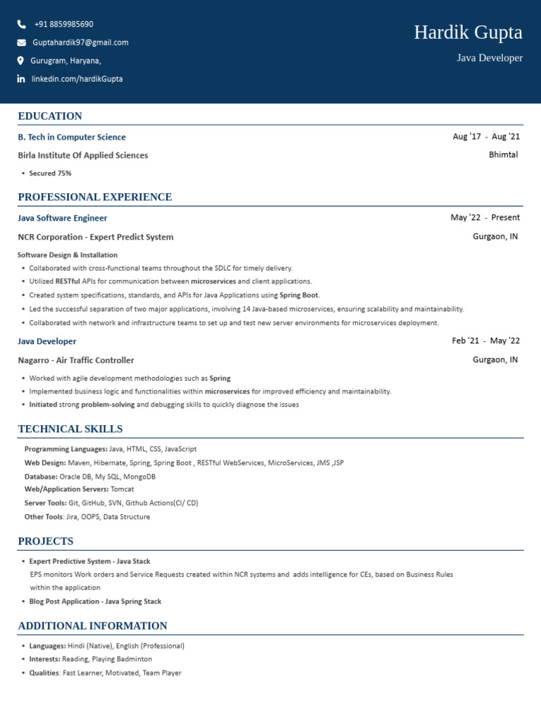 HardikGupta SoftwareEngineer | PDF | Java (Programming Language) | Software Development Process