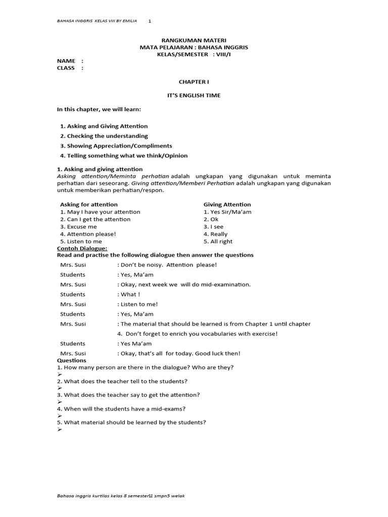 Rangkuman Bing 8 Semester 1 | PDF